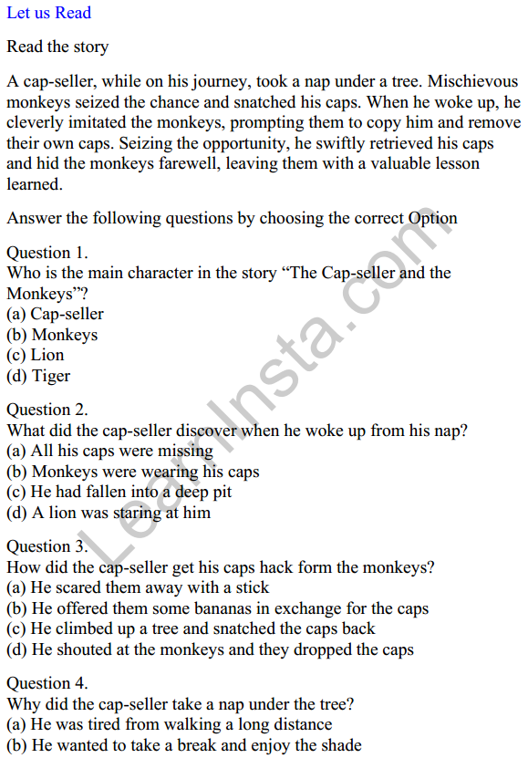 The Cap-seller and the Monkeys Class 1 Worksheet with Answers English ...