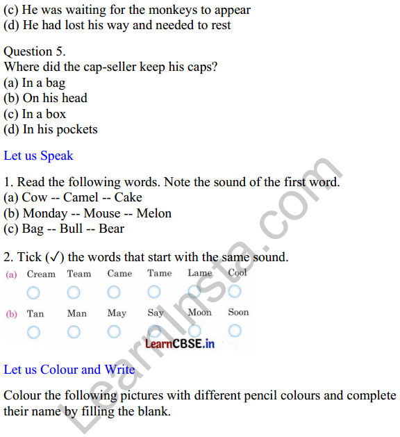 The Cap-seller and the Monkeys Class 1 Worksheet with Answers English ...