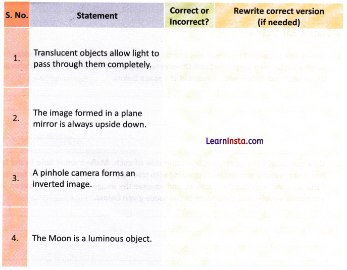 Light Shadows and Reflections Class 7 Worksheet with Answers Science Chapter 11